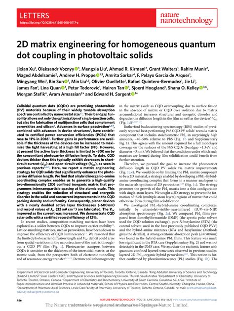 2d Matrix Engineering For Homogeneous Quantum Dot Coupling In Photovoltaic Solids Request Pdf