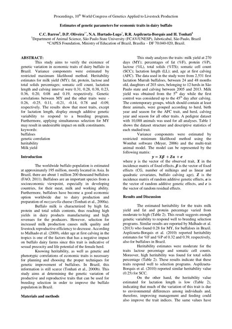 Pdf Estimates Of Genetic Parameters For Economic Traits In Dairy Buffalo