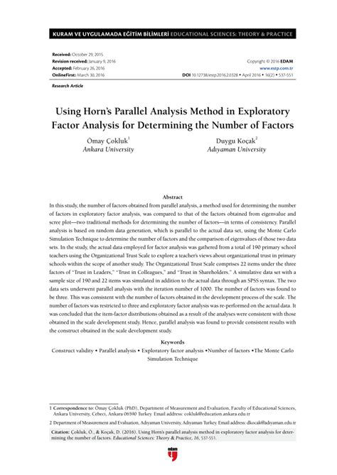 Pdf Using Horns Parallel Analysis Method In Exploratory Factor Analysis For Determining The