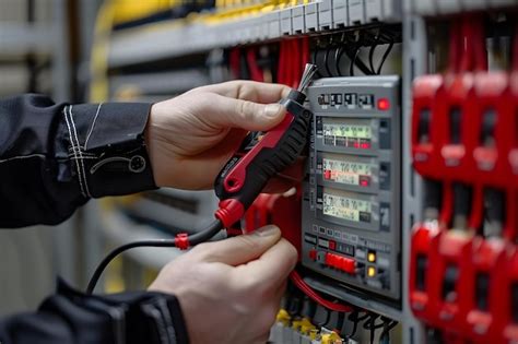 Technician Measuring Electrical Parameters With Multimeter In Control Panel Premium Ai