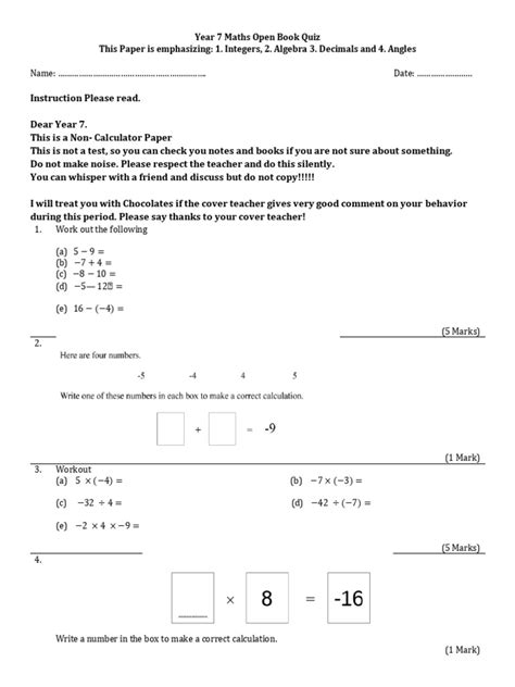 Year 7 Maths End Of Term Quiz Pdf Mathematics Arithmetic