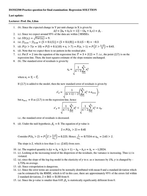 ISOM2500 Regression Practice Solutions | PDF | Errors And Residuals | Regression Analysis