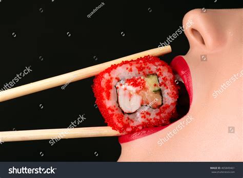 Sexy Girl Eating Sushi Roll Sensual Stock Photo Shutterstock