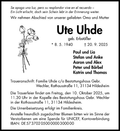 Traueranzeigen Von Ute Uhde Trauerportal Hildesheimer Allgemeine Zeitung