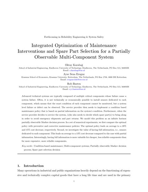 Pdf Integrated Optimization Of Maintenance Interventions And Spare Part Selection For A