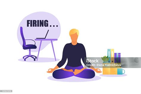 해고 직원의 벡터 그림입니다 연꽃 자세에 앉아 명상을 연습하는 남자 실업 개념 위기 실업 및 직원 일자리 감소 일자리 손실 벡터 그림이 평평합니다 개념에 대한 스톡 벡터