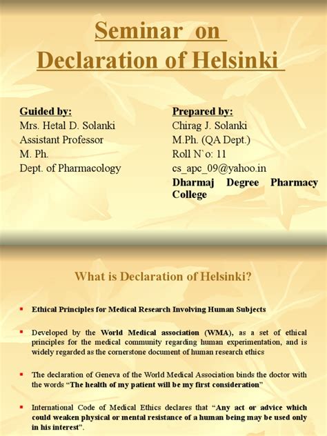 Seminar On Declaration Of Helsinki Guided By Prepared By Pdf Informed Consent Medical Ethics