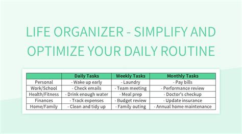 life organizer simplify and optimize your daily routine excel