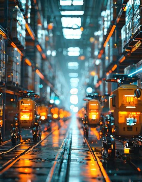 Automated Warehouse Robots In A Futuristic Storage Facility Stock Image