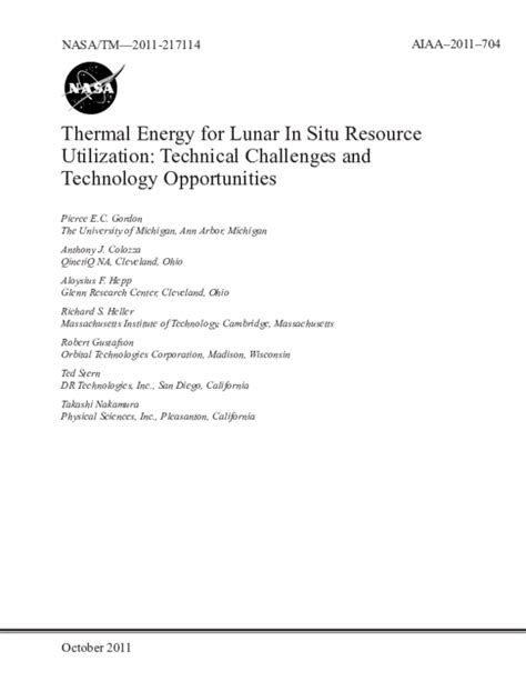 Pdf Thermal Energy For Lunar In Situ Resource Utilization Technical