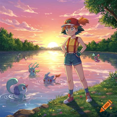 Misty From Pokemon In A Rainbow Bikini Stands On A Sandy Beach At