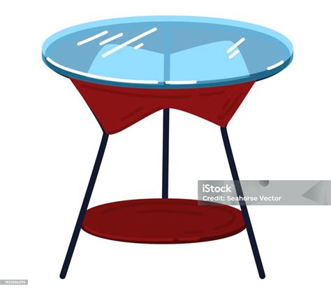 빨간색과 파란색의 모던한 사이드 테이블과 유리 상하 선반 인테리어 디자인을위한 만화 스타일의 가구 거실 벡터 일러스트 레이 션에 대 한 사이드 테이블 0명에 대한 스톡 벡터