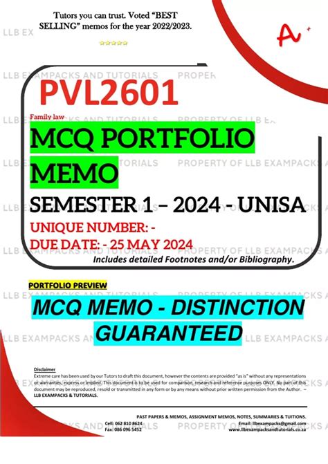PVL2601 MCQ PORTFOLIO MEMO MAY JUNE 2024 SEMESTER 1 UNISA DUE DATE 25 MAY 2024