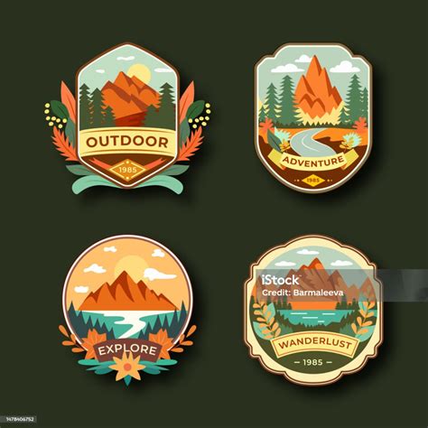 4개의 산악 여행 엠블럼 세트 캠핑 야외 모험 엠블럼 배지 및 로고 패치 빈티지 스타일의 숲 캠프 라벨 로고에 대한 스톡 벡터 아트 및 기타 이미지 Istock