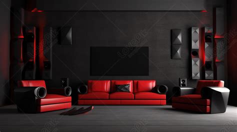 세련된 블랙 인테리어에 현대적인 스타일의 레드 스피커 시스템과 플러시 소파의 3d 렌더링 살다 배경 현대적 배경 거실 가구 배경 이미지 Hd 살다 현대적 거실