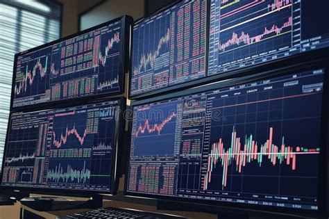 Multiple Computer Screens Display Stock Market Data, Charts. Financial Info Shows Trends ...