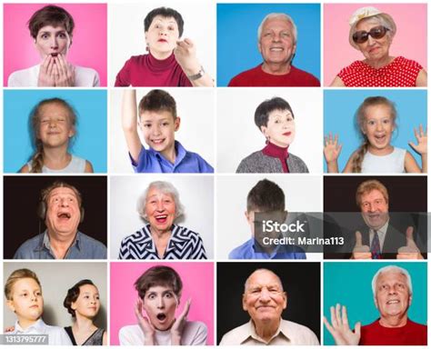 다른 감정을 가진 다양한 사람들 다양한 다민족 및 혼합 연령 범위 사람들의 콜라주 14 15 살에 대한 스톡 사진 및 기타 이미지 14 15 살 40 44세 55