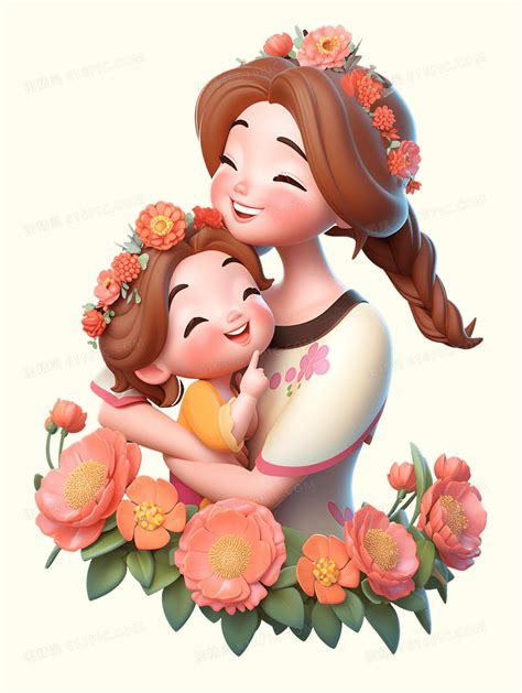 D卡通花田里妈妈抱着小女孩开心的笑插画背景图片下载 x 像素JPG格式 编号vjqfdx 图精灵
