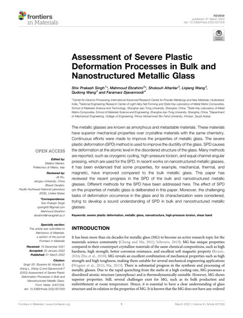 Pdf Assessment Of Severe Plastic Deformation Processes In Bulk And Nanostructured Metallic Glass