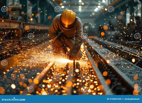 Technician Using A Steel Cutting Machine In Factory Stock Illustration