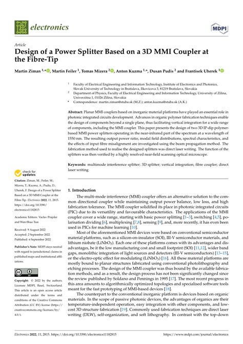 Pdf Design Of A Power Splitter Based On A 3d Mmi Coupler At The Fibre Tip