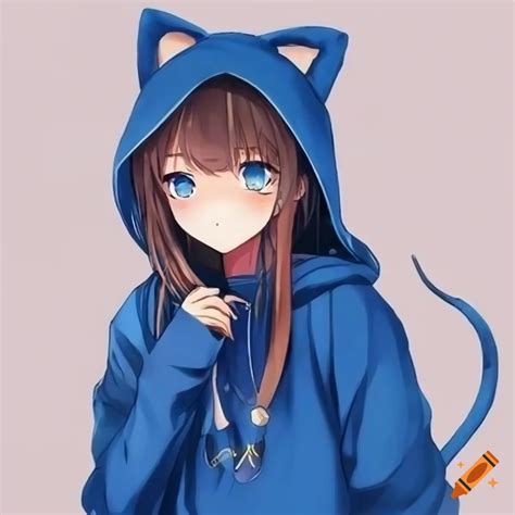 Anime Girl In A Royal Blue Hoodie With Cat Ears On Craiyon