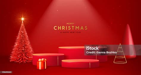 휴일 크리스마스 쇼케이스 빨간색 배경 와 3d 연단 크리스마스 트리 선물 상자 추상적인 최소한의 장면입니다 벡터 일러스트 레이 션 무대에 대한 스톡 벡터 아트 및 기타