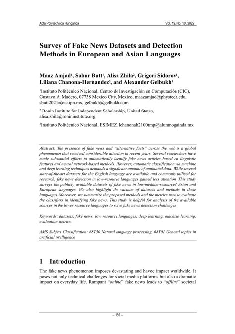 PDF Survey Of Fake News Datasets And Detection Methods In European And Asian Languages