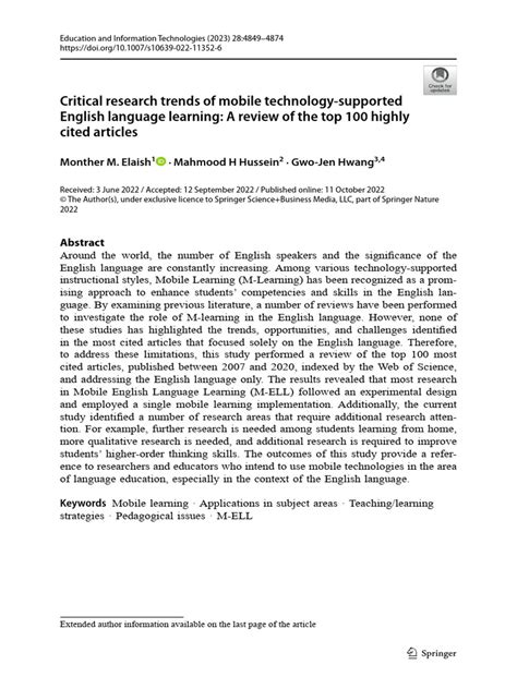 Critical Research Trends Of Mobile Technology Supported English Language Learning A Review Of