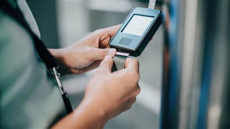 A Closeup Of A Worker Using A Smart Badge That Records Time Spent On