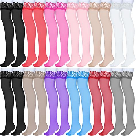 12 Pairs Thigh High Stockings Silicone Lace Top Stockings Semi Sheer