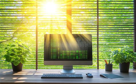 During A Productive Morning A Sunlit Workspace Displays A Colorful Monitor Displaying Colorful