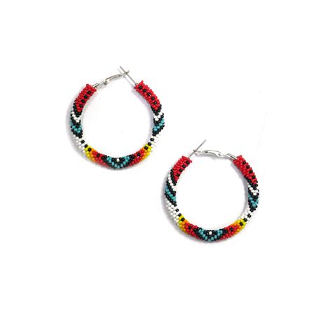 Native American Style Beaded Hoop Earrings Red And White Buybeaded