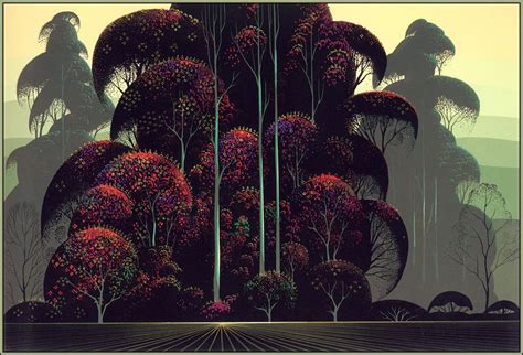 Eyvind Earle Autumn Magic Realism Crimson Leaves Crimson Autumn