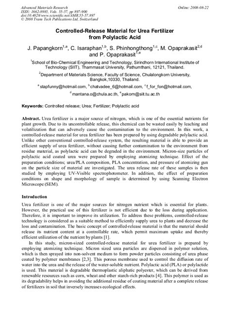 Controlled Release Material For Urea Fertilizer From Polylactic Acid Scientific Net