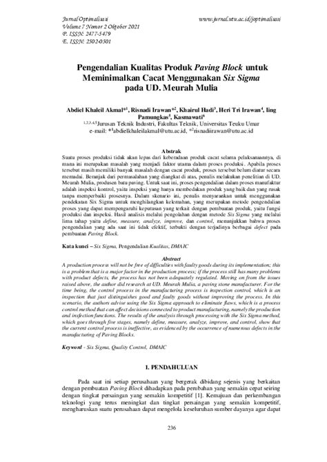 Pdf Pengendalian Kualitas Produk Paving Block Untuk Meminimalkan Cacat Menggunakan Six Sigma