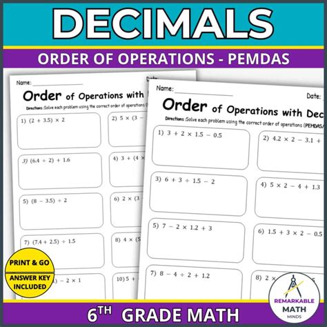 Spring Math Order Of Operations With Decimals Worksheets Pemdas Practice