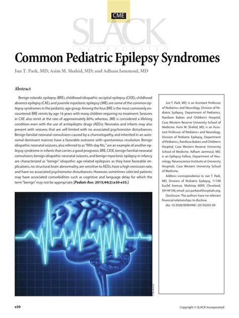 Common Pediatric Epilepsy Syndromes Park Et Al Pdf Epilepsy Human Diseases And Disorders