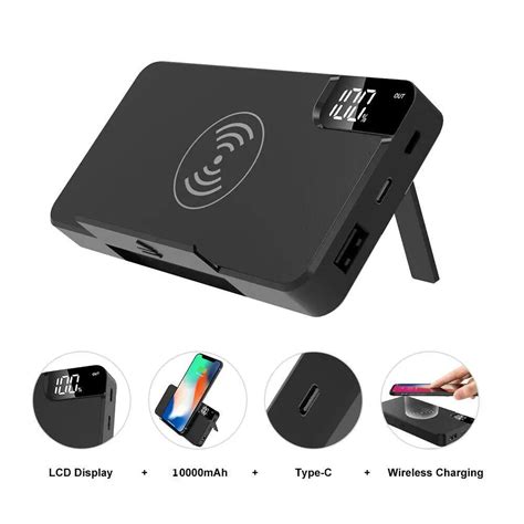 Power Bank 10000mah Qi Wireless Charging Usb Lcd Portable Battery