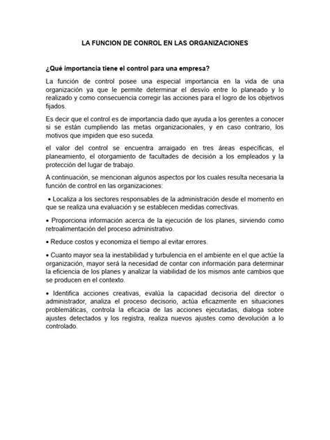 La Funcion De Conrol En Las Organizaciones Pdf Planificación