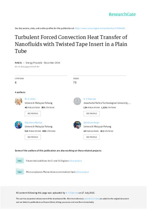 Pdf Turbulent Forced Convection Heat Transfer Of Nanofluids With Twisted Tape Insert In A