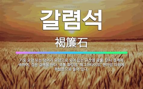 🌟갈렴석 기둥 모양 또는 덩어리 모양으로 되어 있는 규산염 광물 단사 정계에 속하며 검은 갈색을 띤다 표준국어대사전