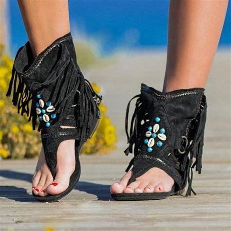 Fashion Beaded Tassels Decor Boho Flat Sandals Power Day Sale