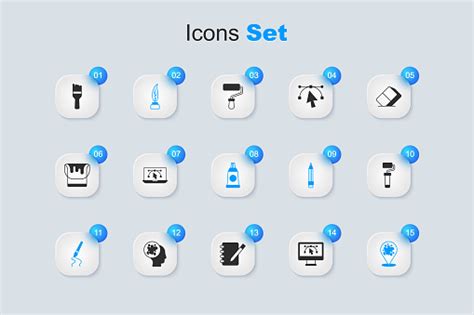 디자인 프로그램 깃털 및 잉크 병 페인트 브러시 스프레이 롤러 및 튜브 페인트 팔레트 아이콘으로 컴퓨터를 설정합니다 벡터 개념에 대한 스톡 벡터 아트 및 기타 이미지