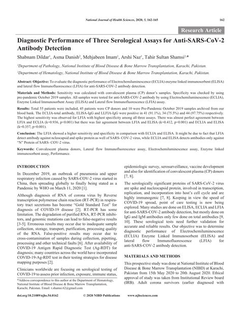 Pdf Diagnostic Performance Of Three Serological Assays For Anti Sars Cov 2 Antibody Detection