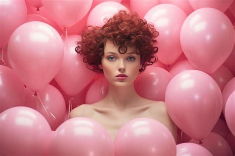 Premium Photo Whimsical Lady With Pink Balloons Background Generate Ai
