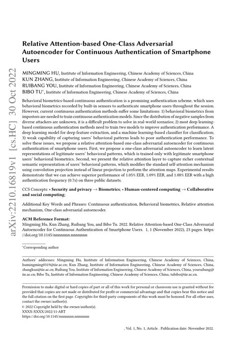 Pdf Relative Attention Based One Class Adversarial Autoencoder For Continuous Authentication