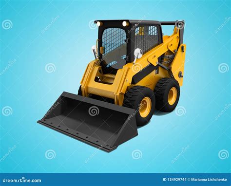 Yellow Mini Loader With Small Bucket 3d Render On Blue Background With Shadow Stock Illustration