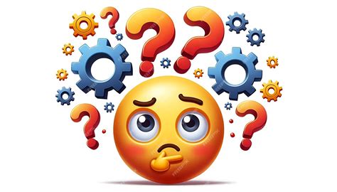 Puzzled Emoji With Floating Gears Symbolizing Thought Process Premium