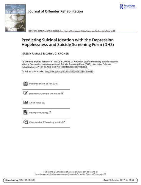 Pdf Predicting Suicidal Ideation With The Depression Hopelessness And